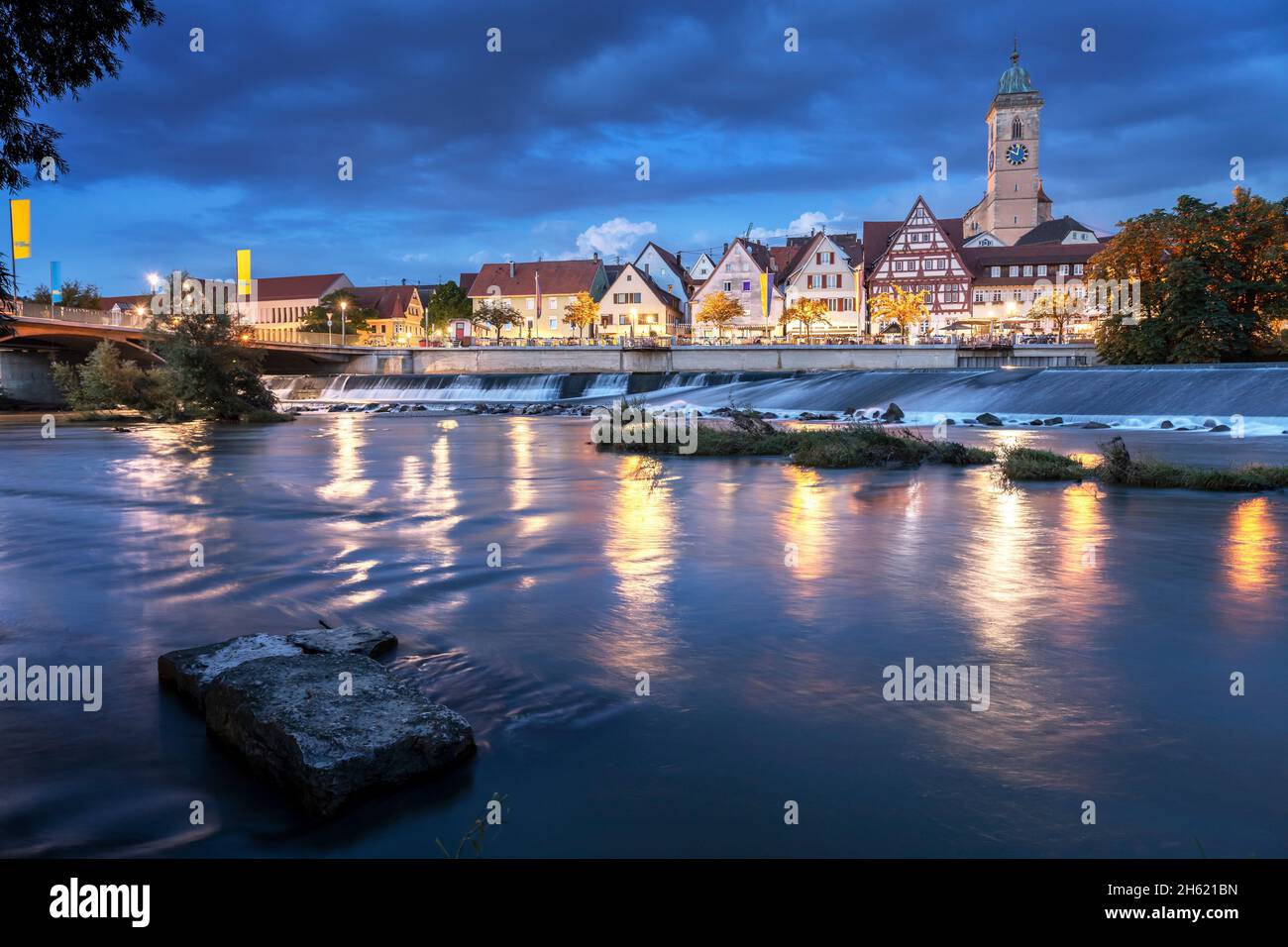 nocturnal city panorama of nürtingen,city balcony,neckar and river bank ...
