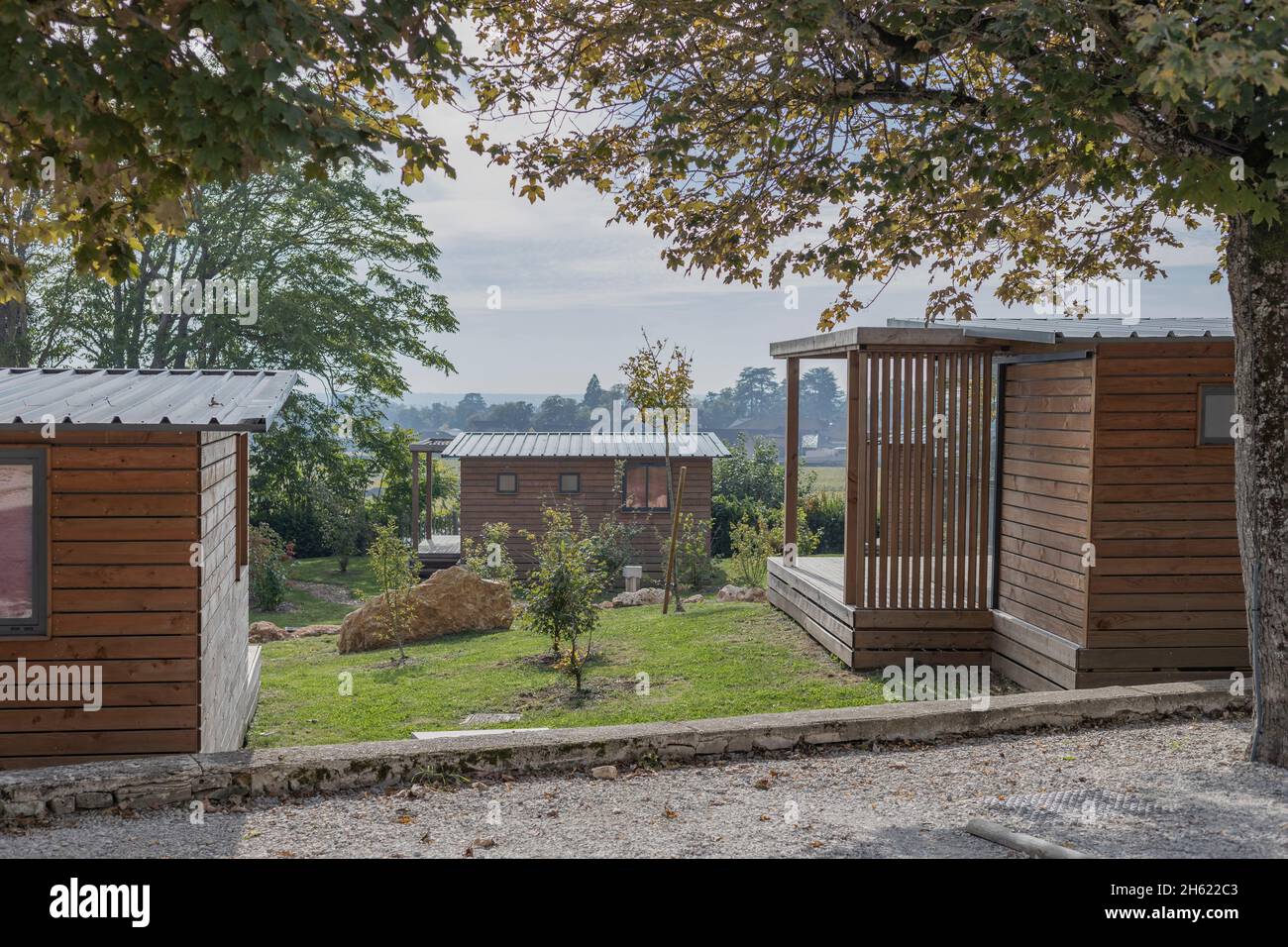 Wooden cabins overlooking a vineyard Stock Photo - Alamy