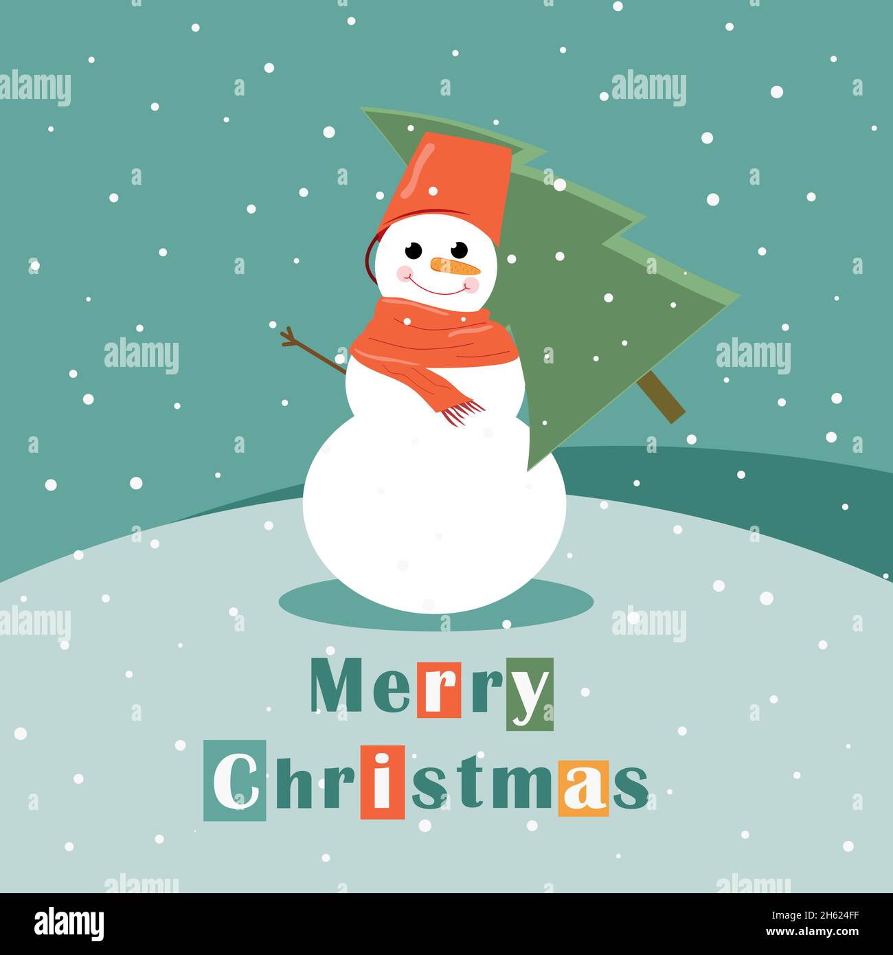 A snowman carries a Christmas tree in snowdrifts. Merry Christmas ...