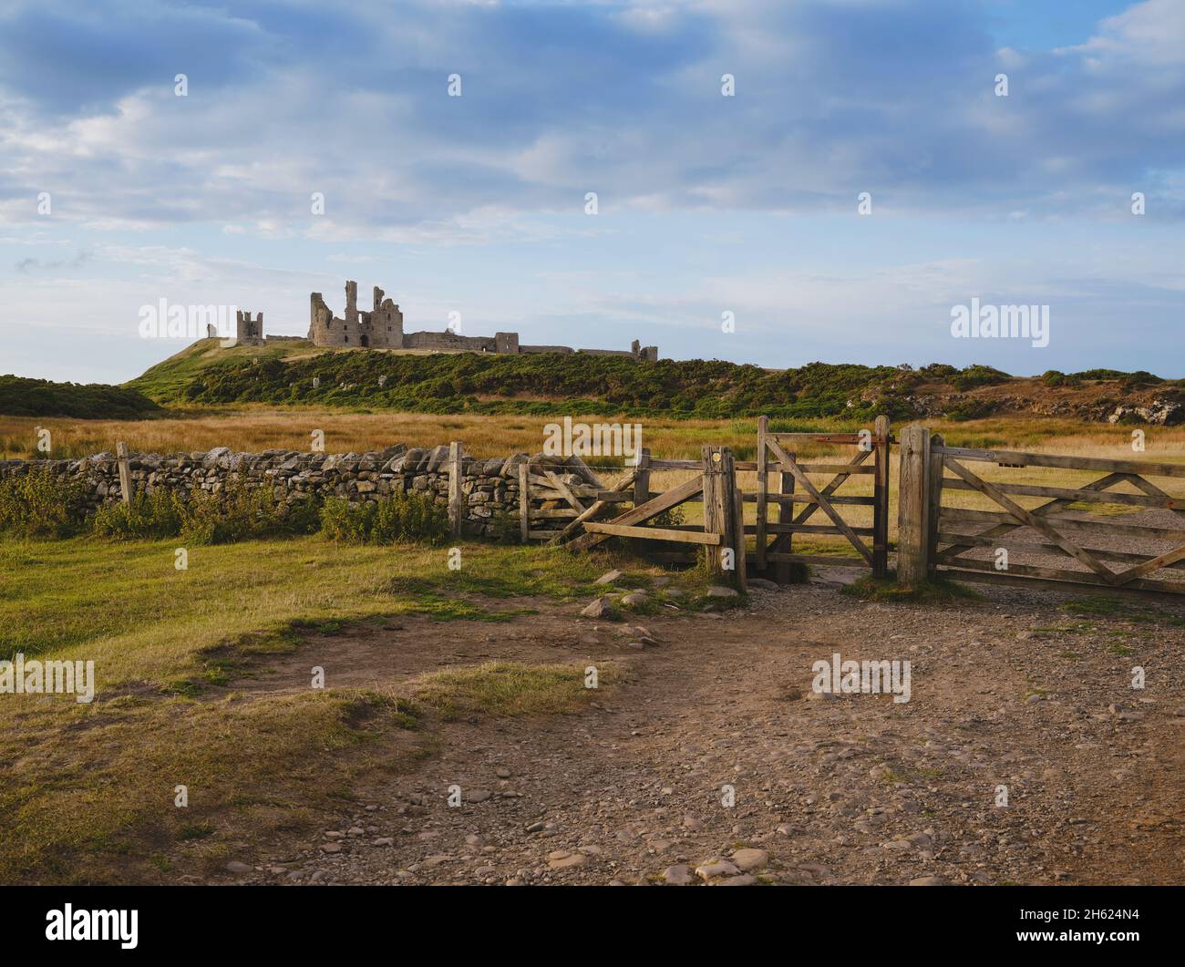 Dry stone wall and gate leading to Dunstanburgh Castle summer landscape ...
