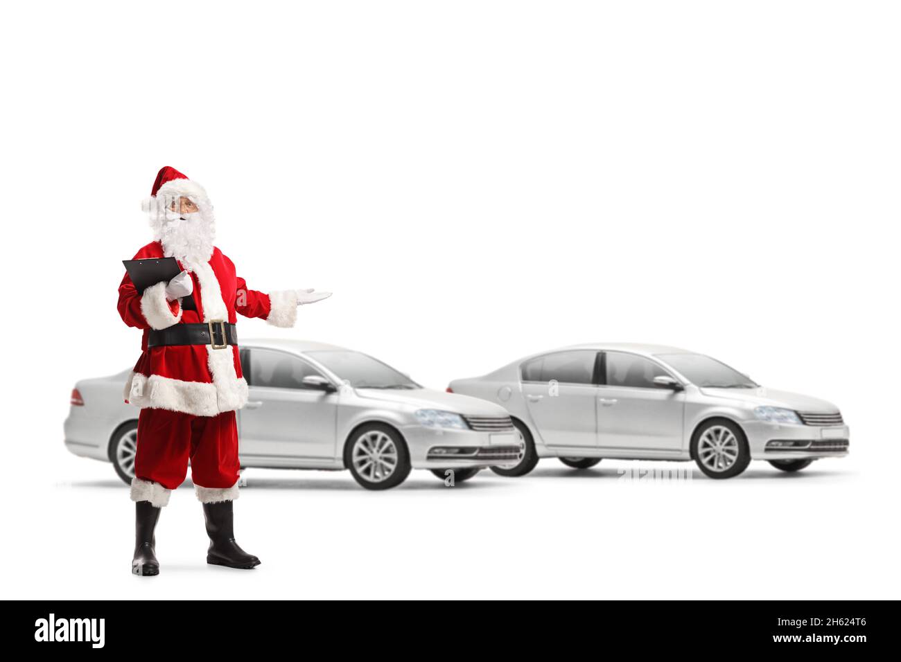 Full length portrait of santa claus presenting new silver cars isolated ...