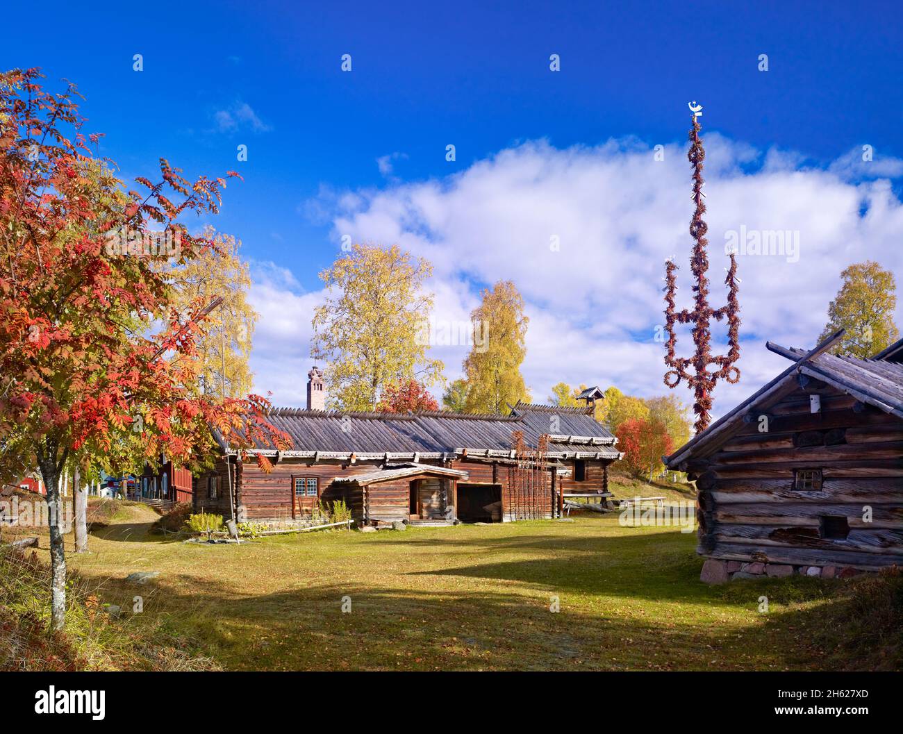 europe,sweden,dalarna,älvdalen,old gammelgard in red with a midsummer ...