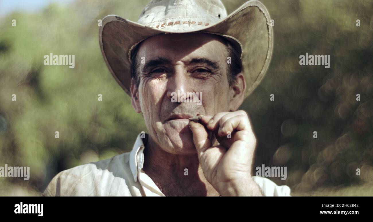 Farmer smoking a cigarette on the farm, straw cigarette Stock Photo - Alamy
