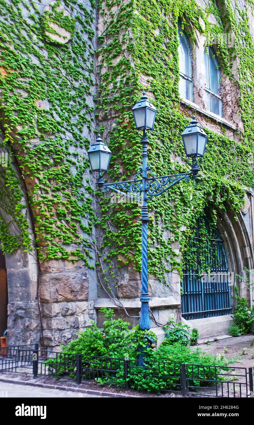 The cast iron vintage streetlight at the stone wall of Vajdahunyad ...