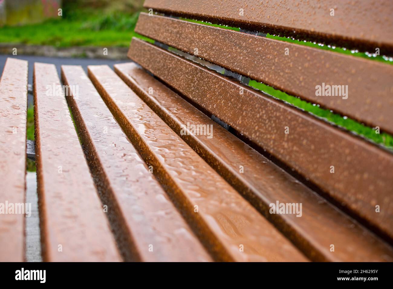 Wood bench painted brown, in the park, during rain Stock Photo - Alamy