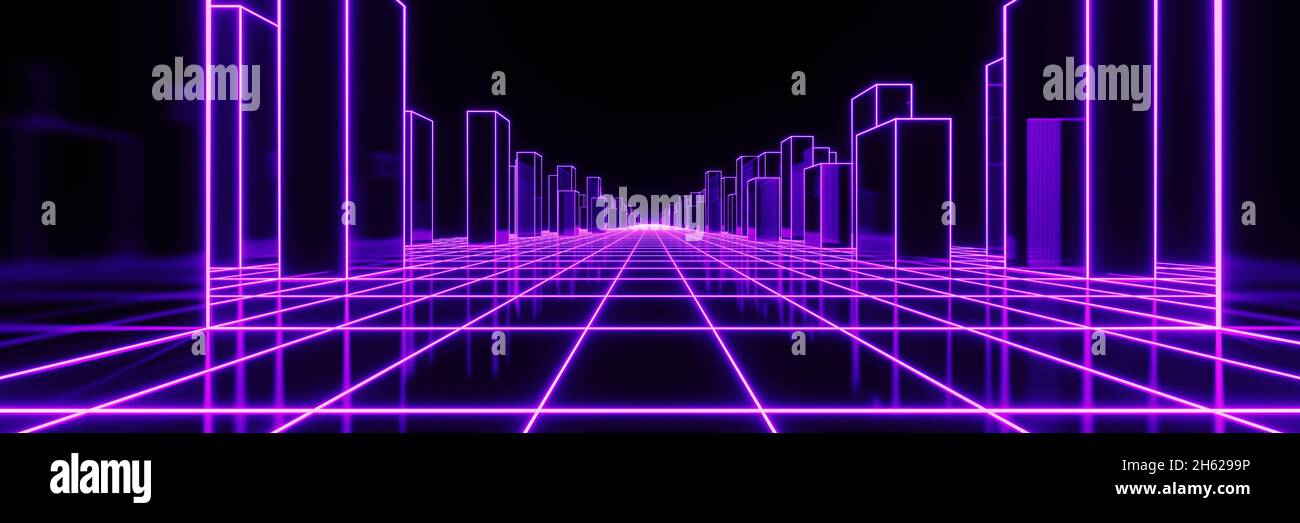 Abstract panoramic banner 3D neon hologram cyberspace buildings ...