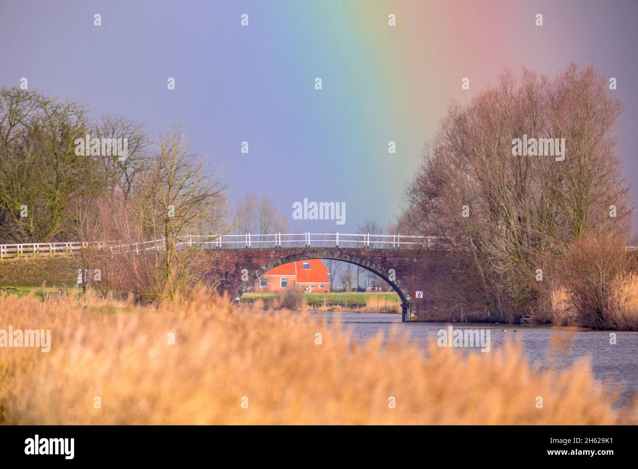 Old stone arch bridge on dutch countryside with rainbow in the ...