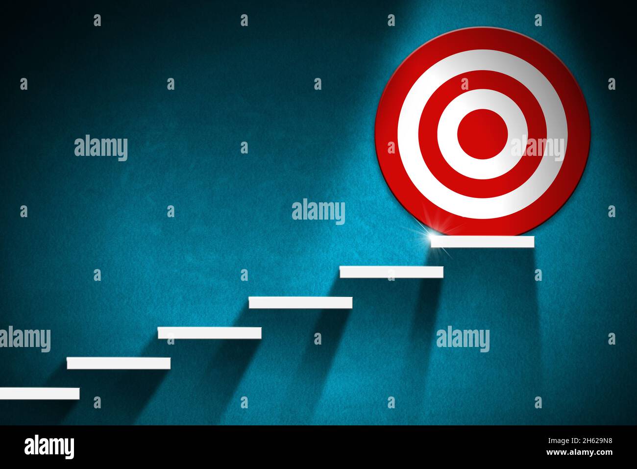 Stair with white steps on a blue wall with a target on the last step ...