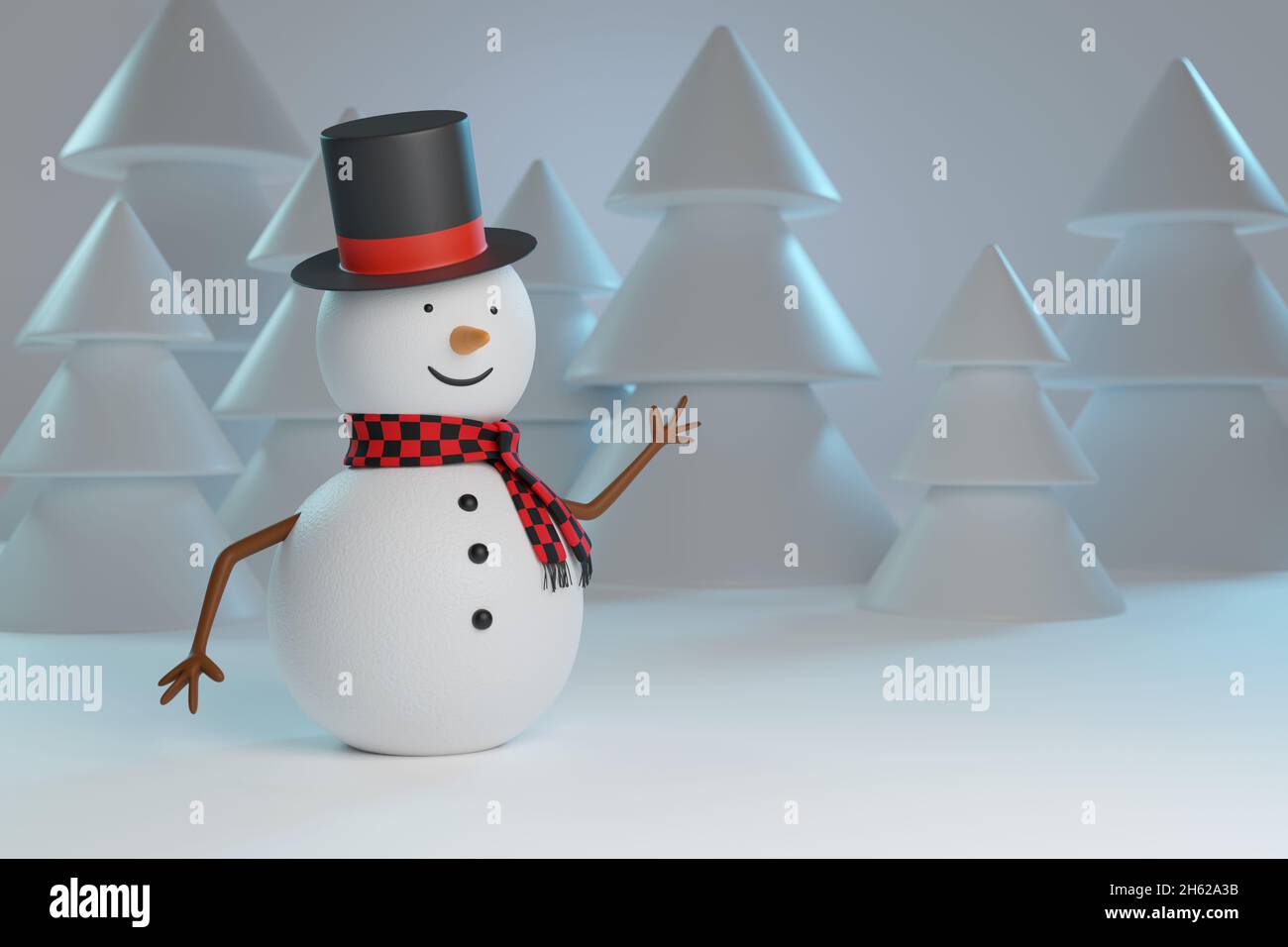Cartoon snowman with snowy trees background. Christmas concept. 3d ...