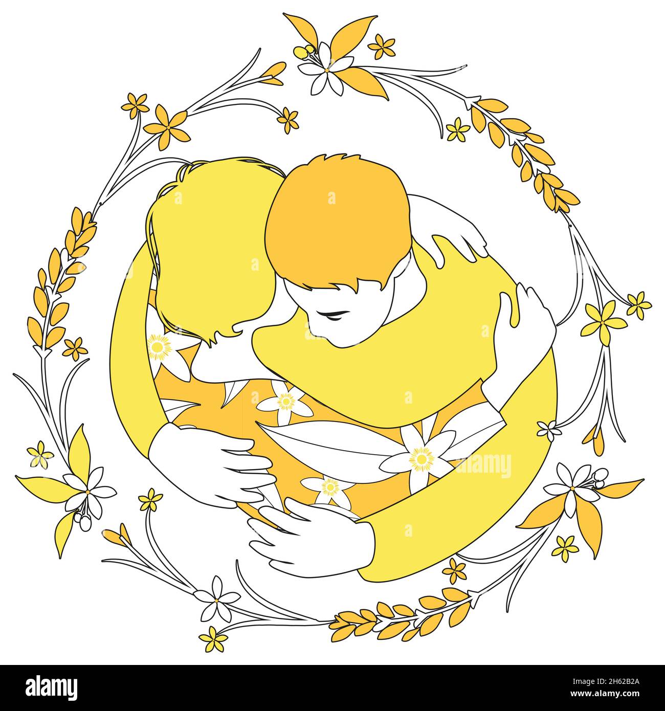 Couple of lovers or friends lovingly embraced and surrounded by a ...