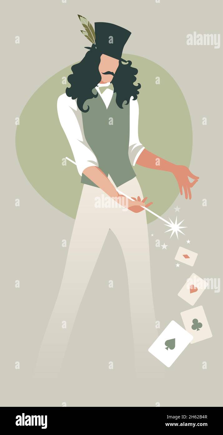 Magician with mustache and top hat, holding a magic wand doing magic ...