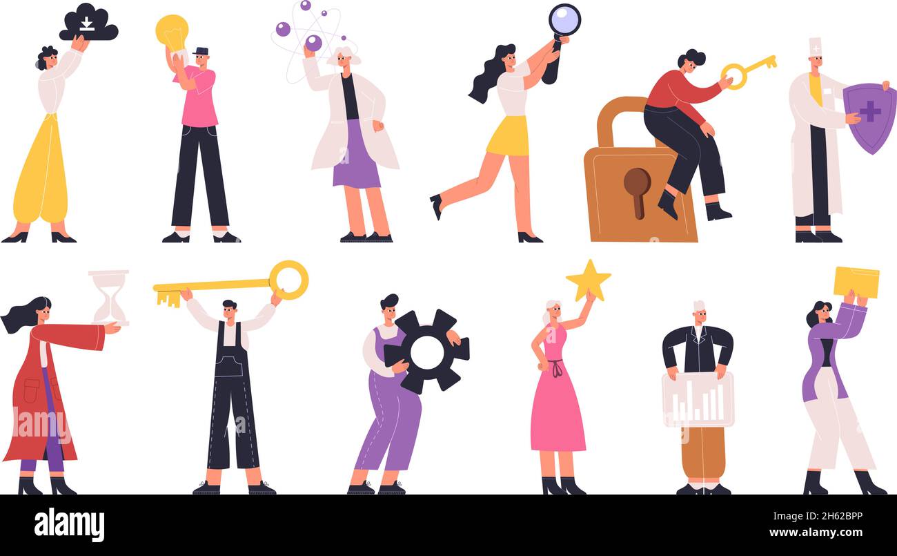 Tiny characters holding giant occupations activities icons. Characters ...