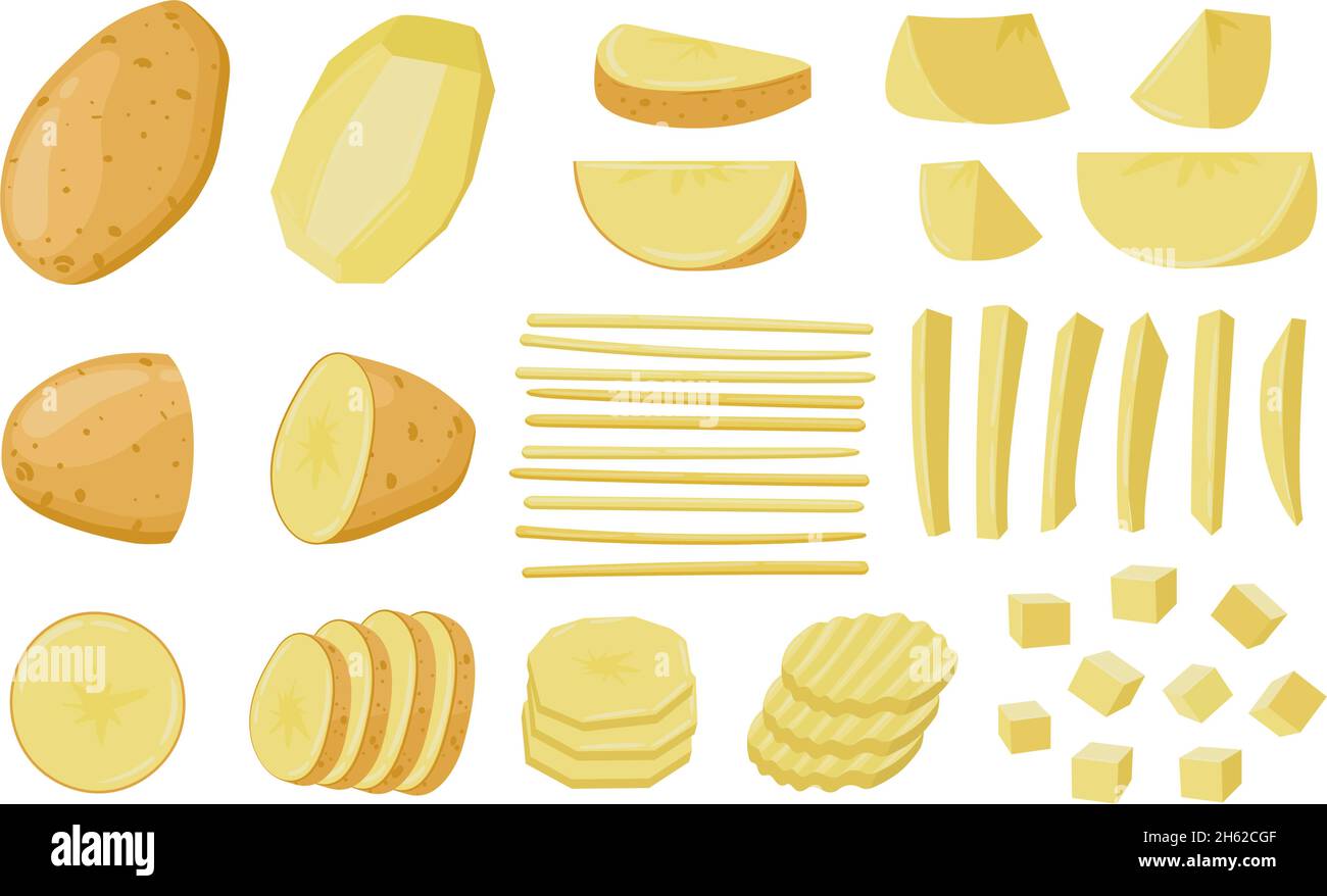 Cartoon sliced potatoes, chopped wedges and straws raw potato. Peeled ...
