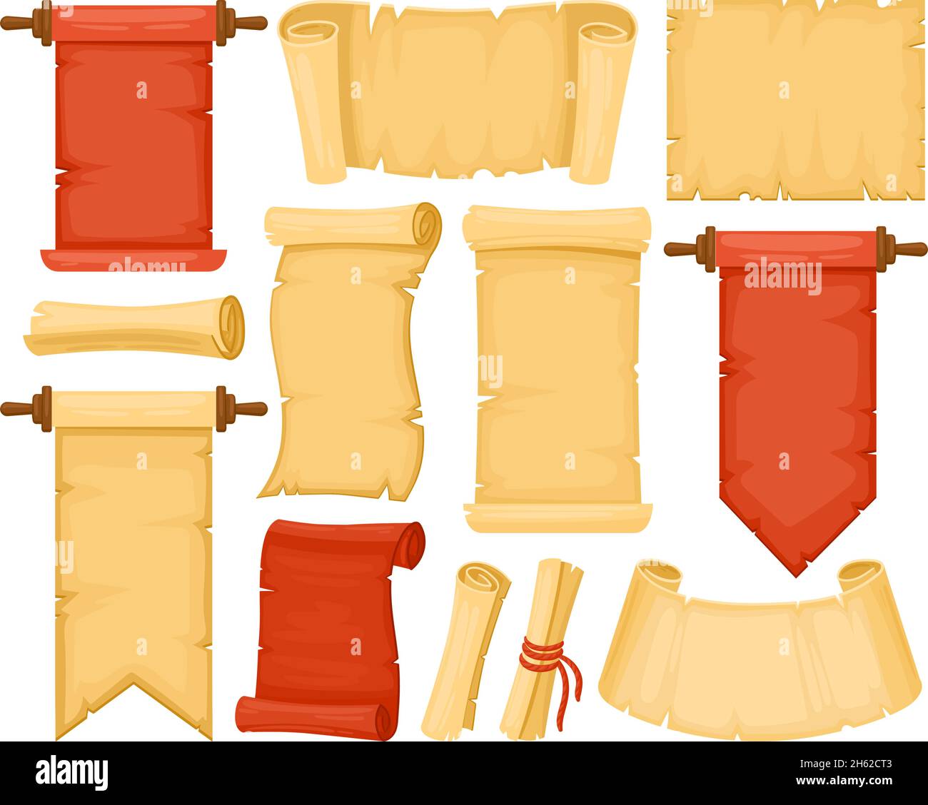 Cartoon old ancient papyrus, parchment paper scroll. Papyrus parchment paper scrolls, old map or ...