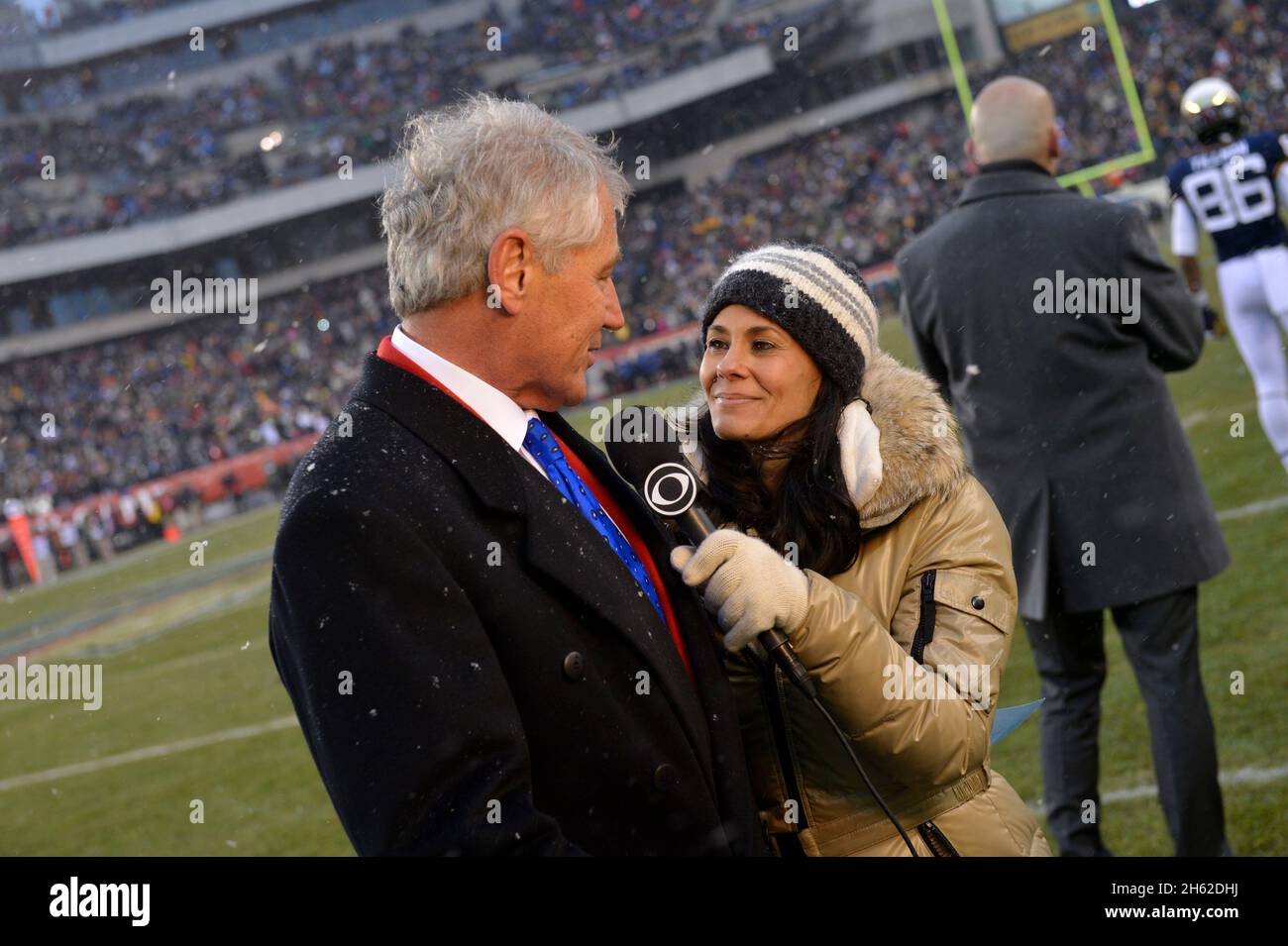 Secretary of Defense Chuck Hagel is interviewed by a CBS reporter at ...