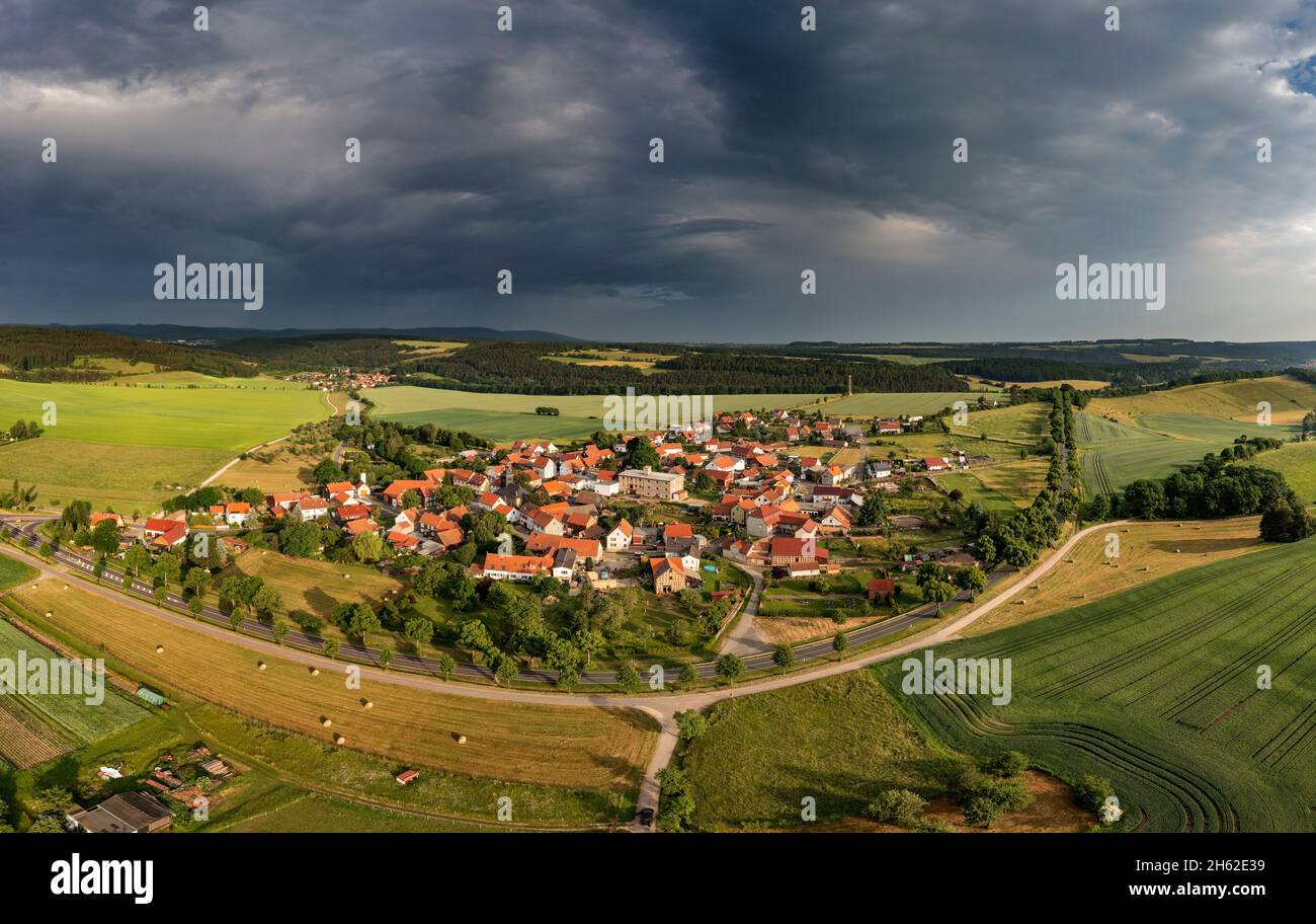 germany,thuringia,rural community geratal,neusiß,houses,street,fields ...