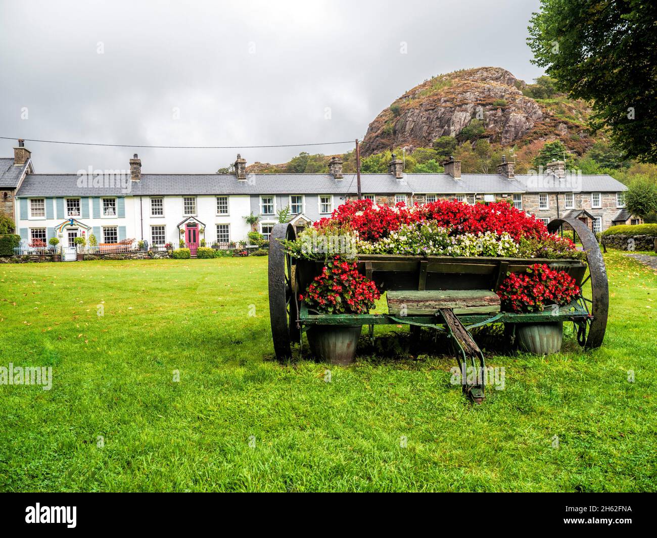 Beddgelert village green flower display, Snowdonia National Park, Wales ...