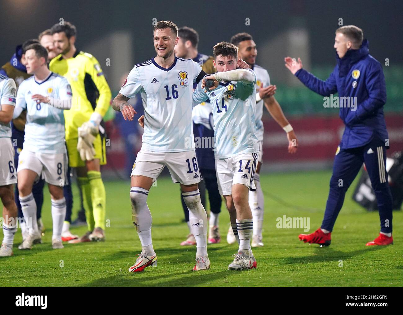 Scotland's Liam Cooper (left) and Billy Gilmour celebrate at the end of ...