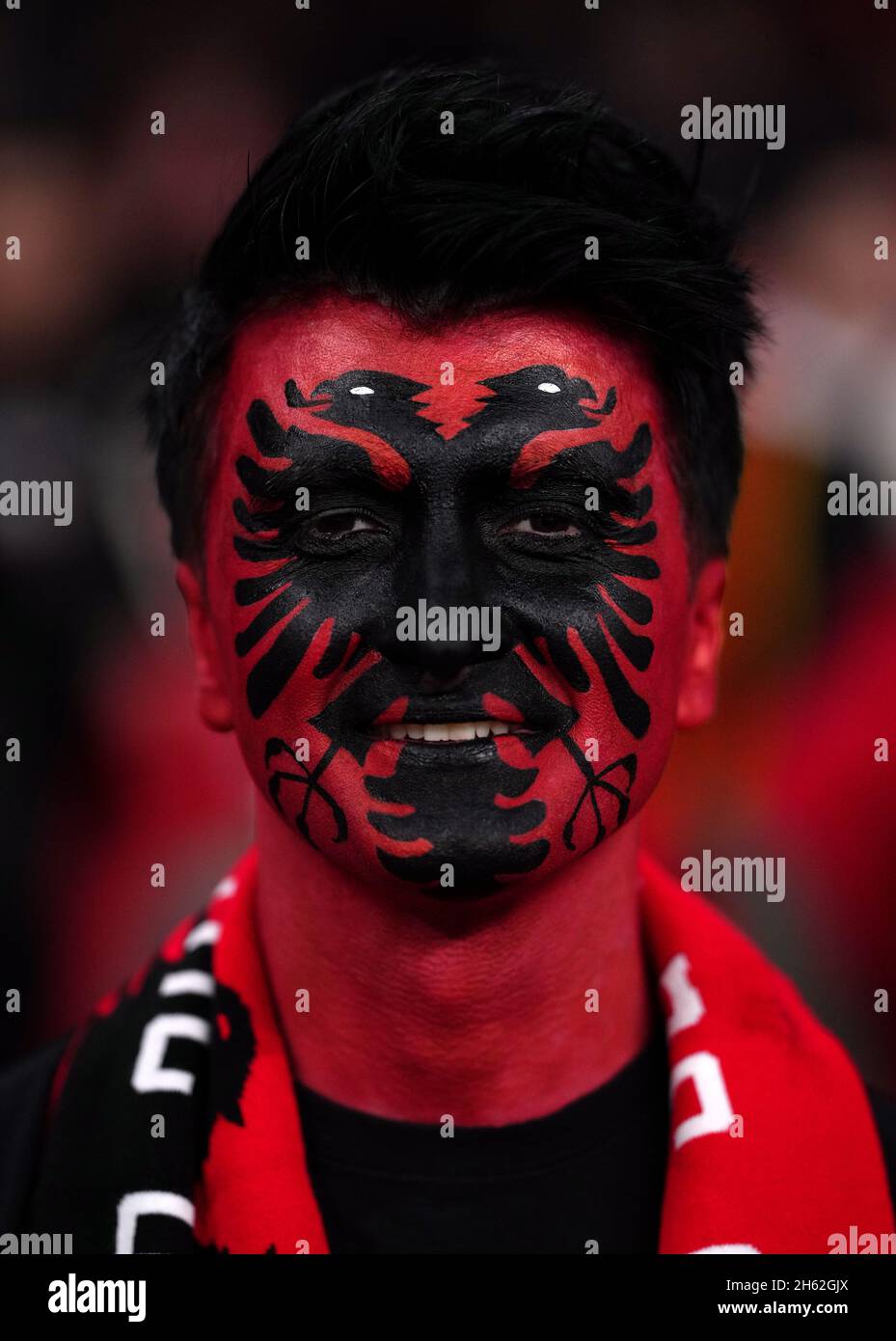 An Albania fan with face paint in the stands during the FIFA World Cup ...