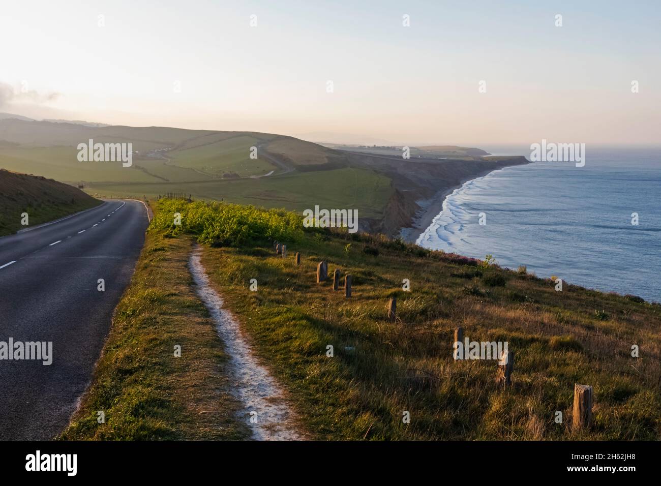 england,isle of wight,coastal view of road and hiking path with ...