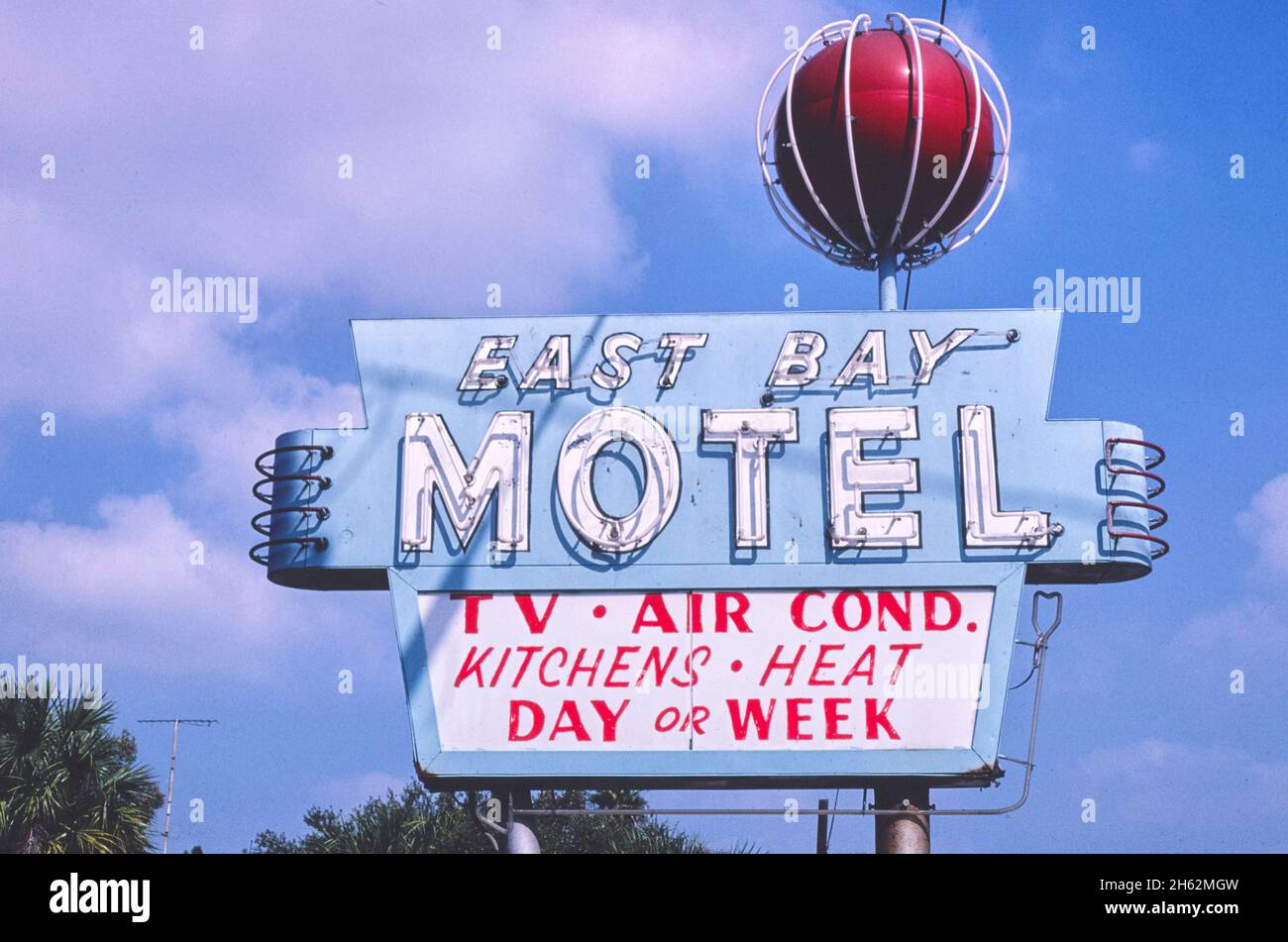 East Bay Motel sign, Route 41, Gibsonton, Florida; ca. 1980 Stock Photo ...