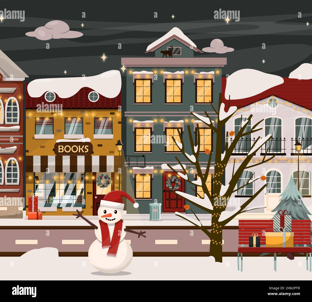 Vector winter street for Christmas. Cartoon illustration with a ...