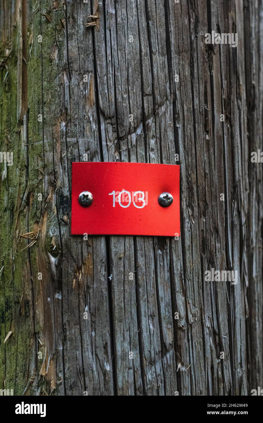 Vertical closeup of the number 103 on a red surface on a wooden wall ...