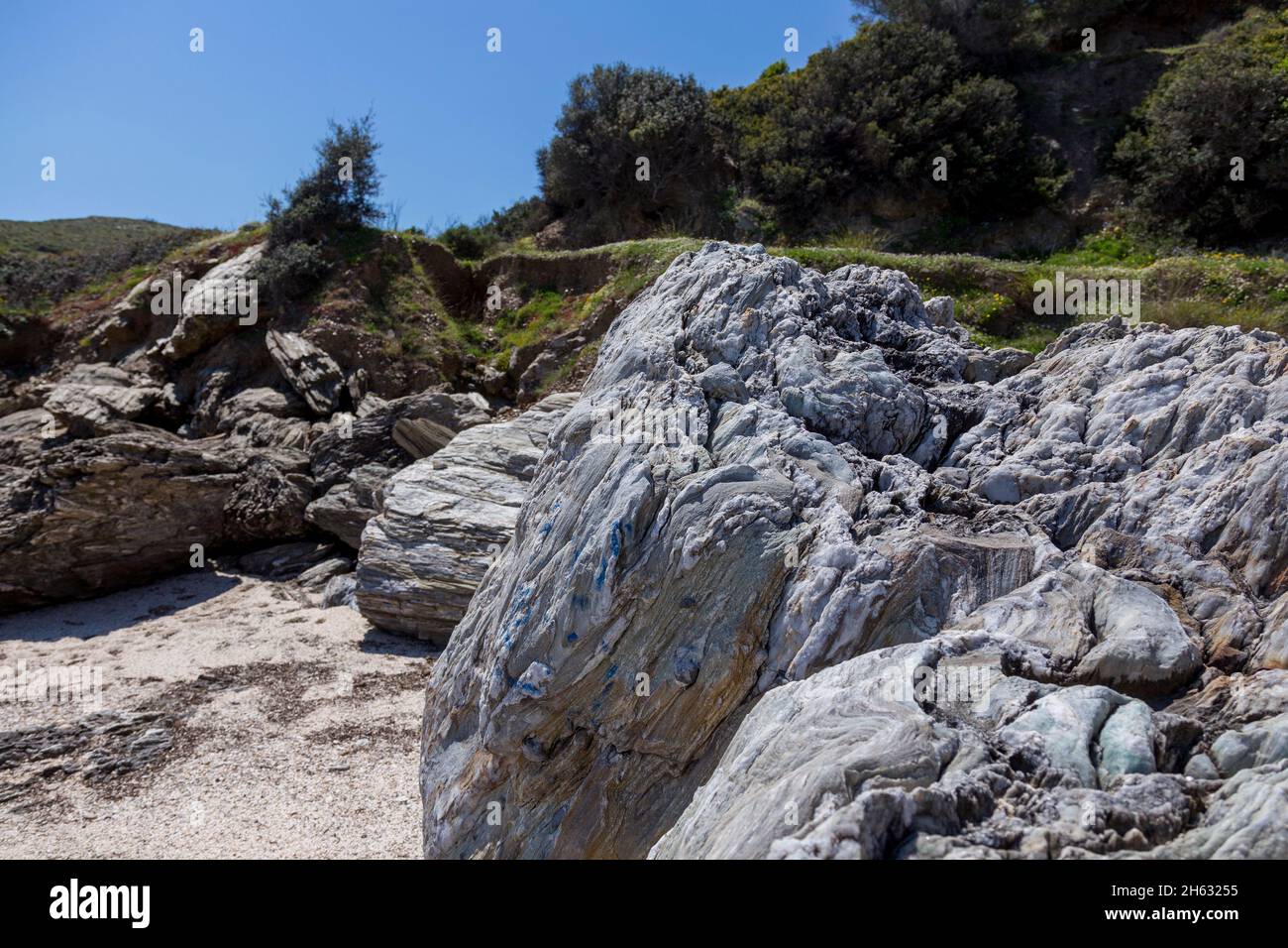 very strange looking rocks at the beach somewhere in greece Stock Photo ...