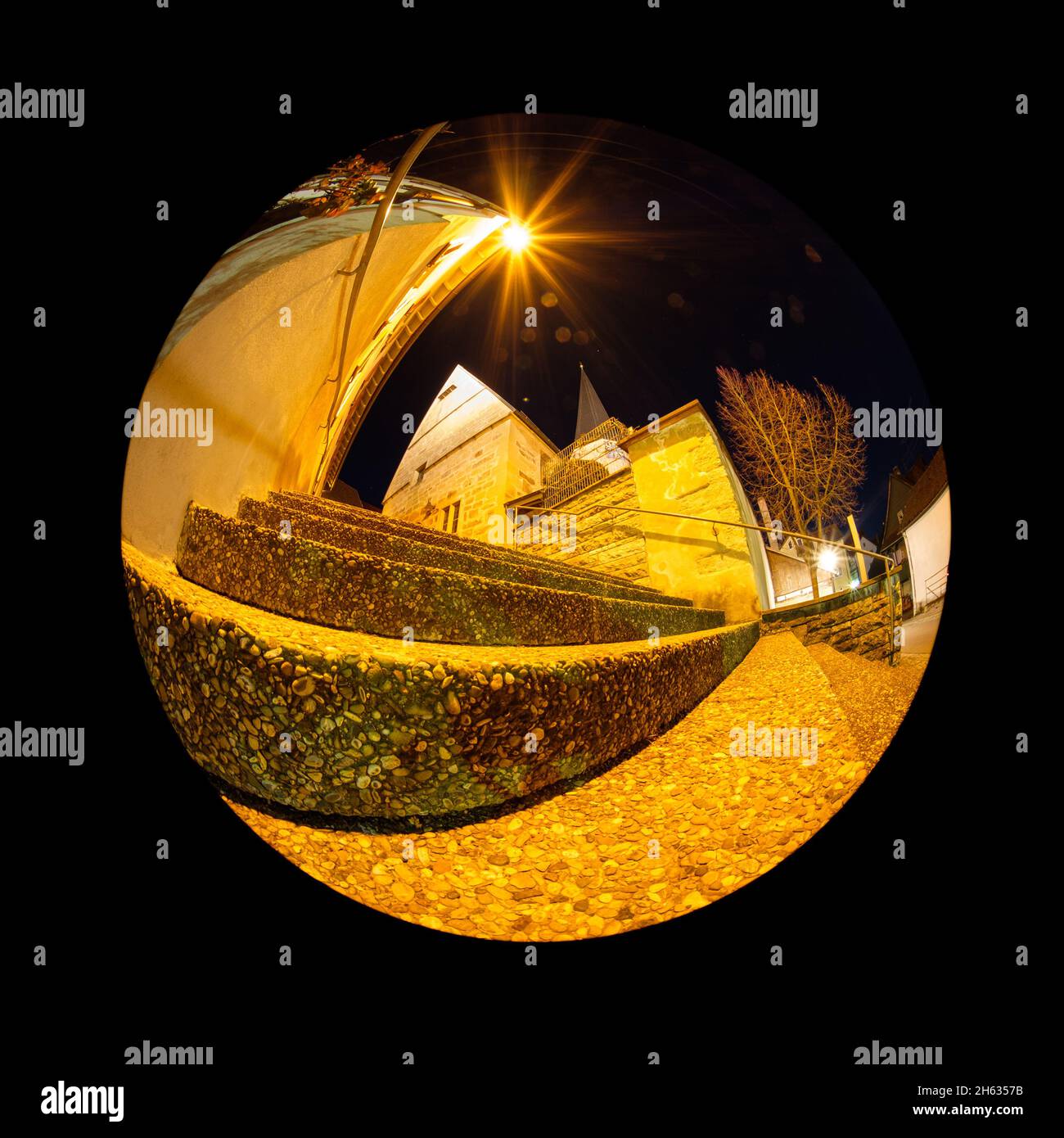 Staircase of pebble concrete with fish eye lens distortion Stock Photo ...