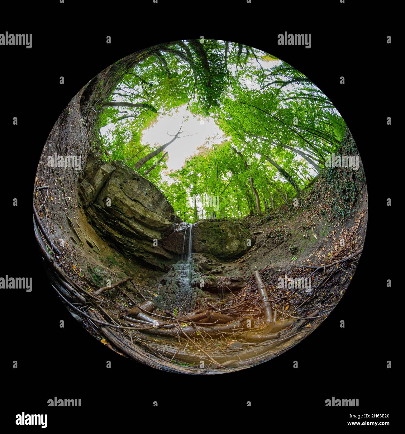 Fish-eye lens of a Waterfall and rocks in forest landscape Stock Photo ...