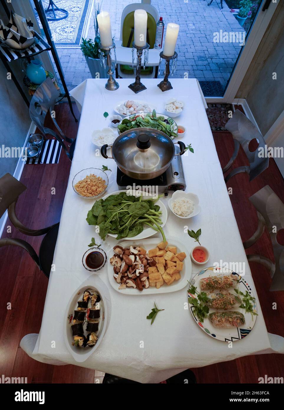 Chinese Cuisine hot pot (hotpot) along with various vegetables and ...