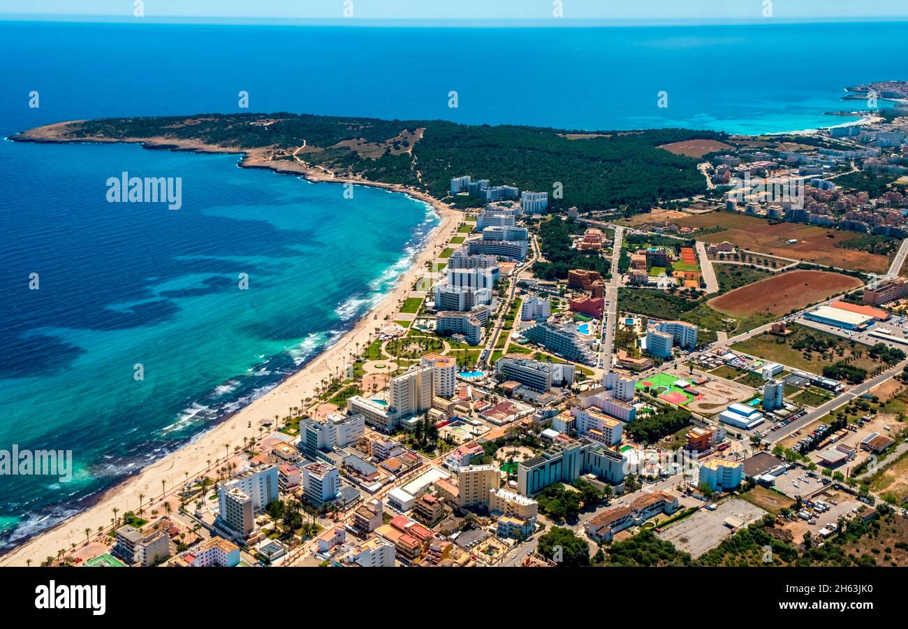aerial picture,cala millor with sandy beach in the bay badia de son ...