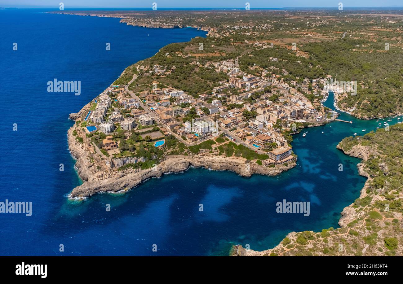 aerial view,hotel complexes in the bay of cala figuera,santanyí ...