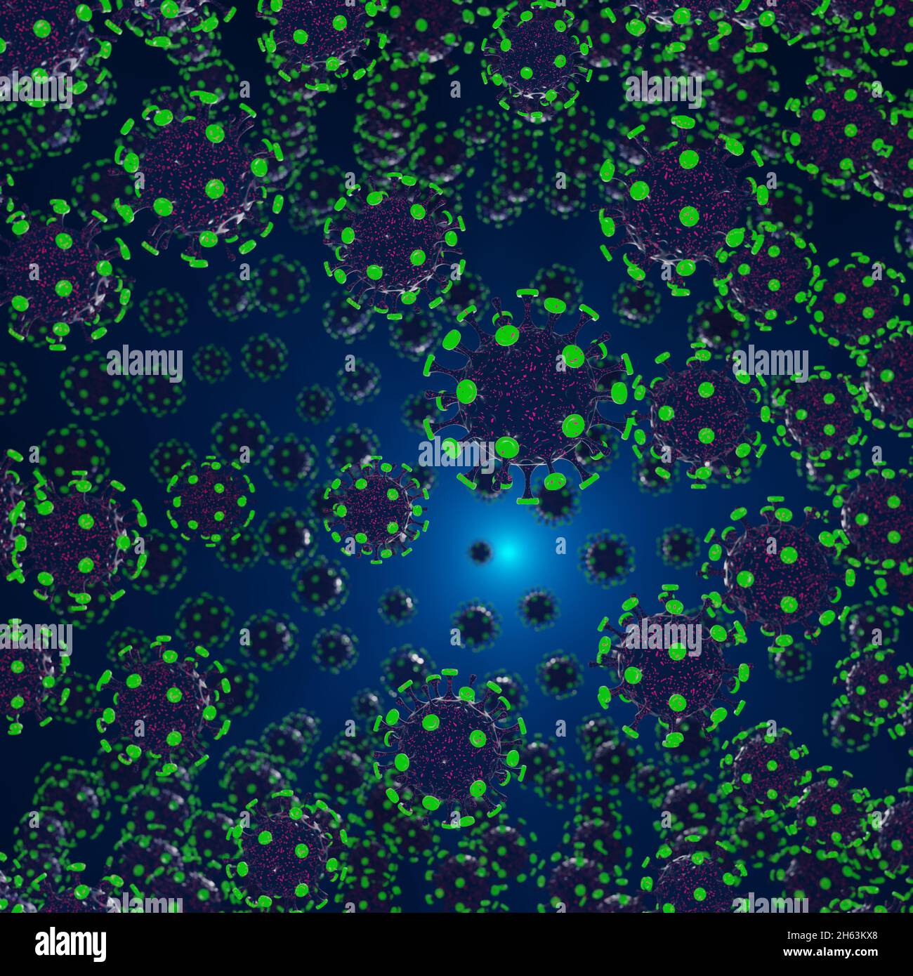 Virus in body, microscopic 3D model, 3D rendering with glowing effect ...