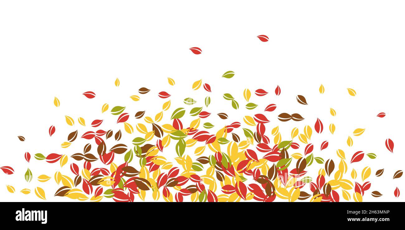 Falling autumn leaves. Red, yellow, green, brown chaotic leaves flying ...