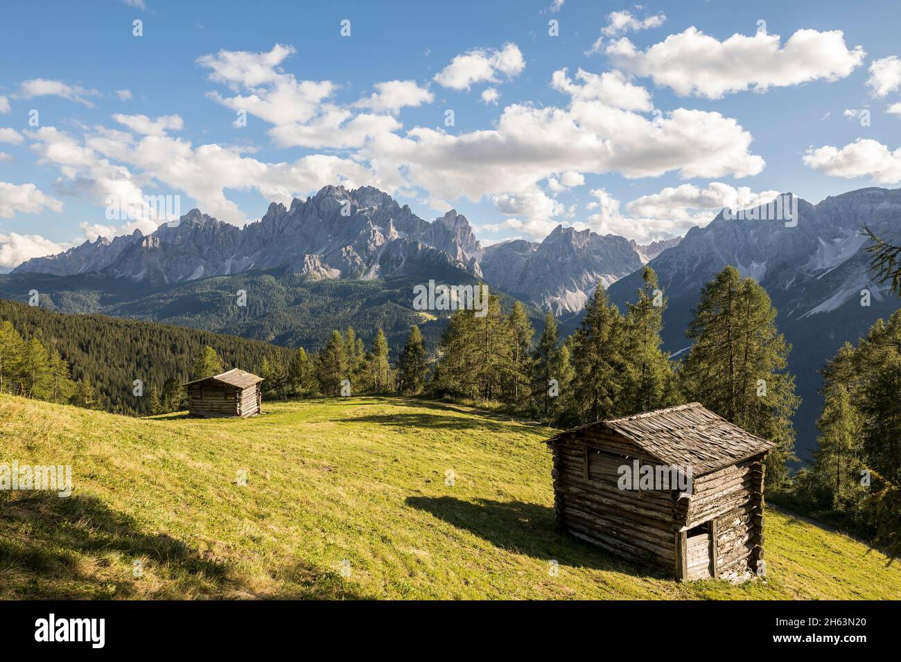 Alpine huts with a view of the sexten dolomites hi-res stock ...