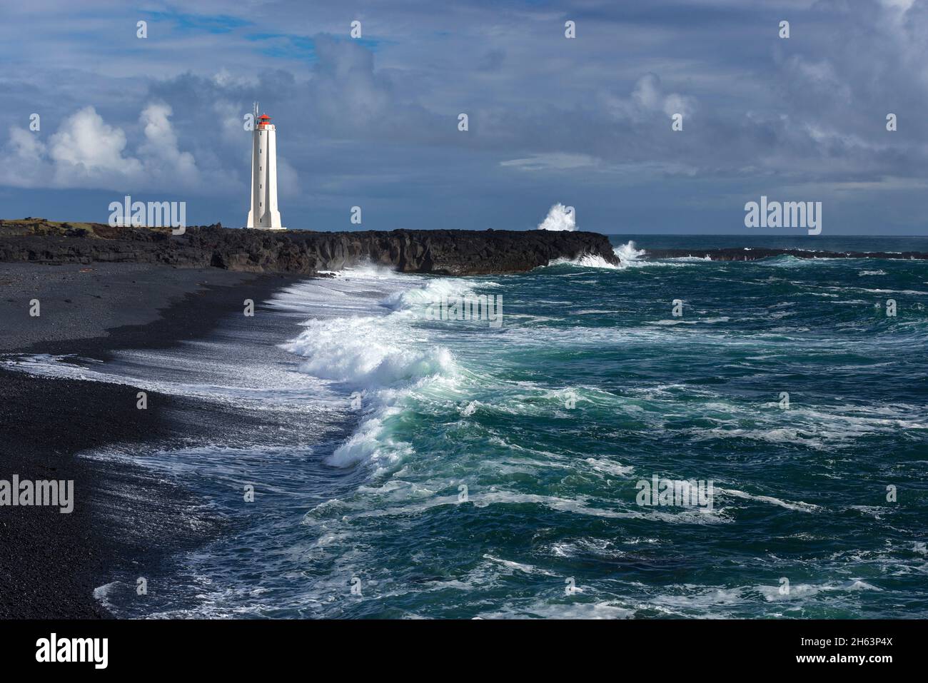 malarrif lighthouse,waves crash on black beach,snæfellsnes peninsula ...