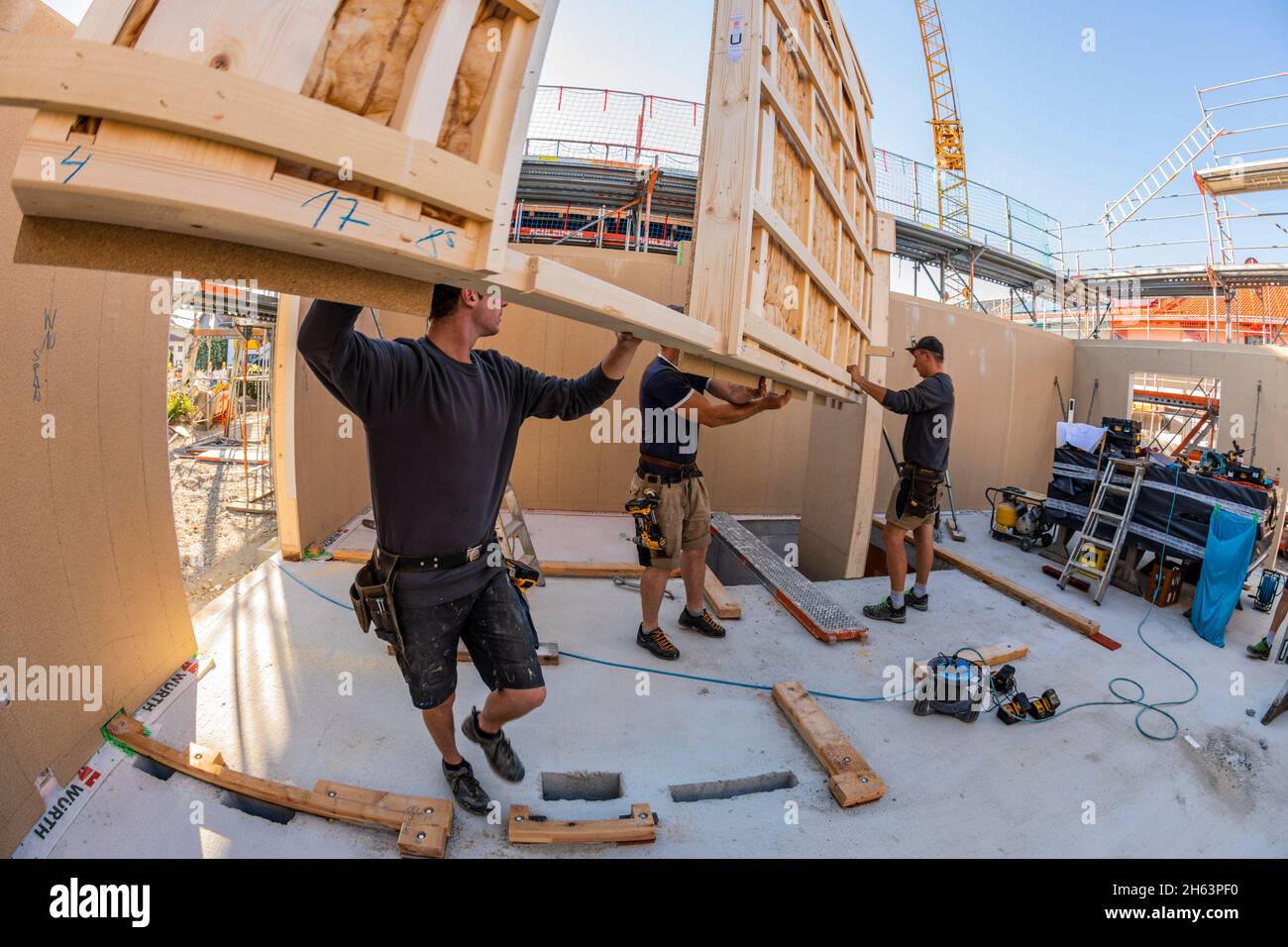 germany,bavaria,construction of a prefabricated wooden house ...