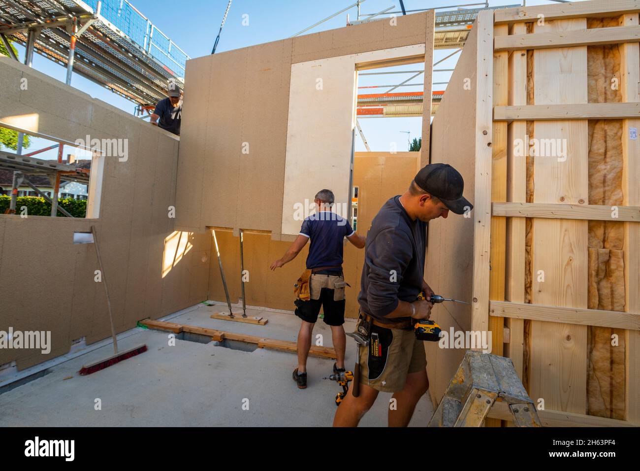 germany,bavaria,construction of a prefabricated wooden house ...