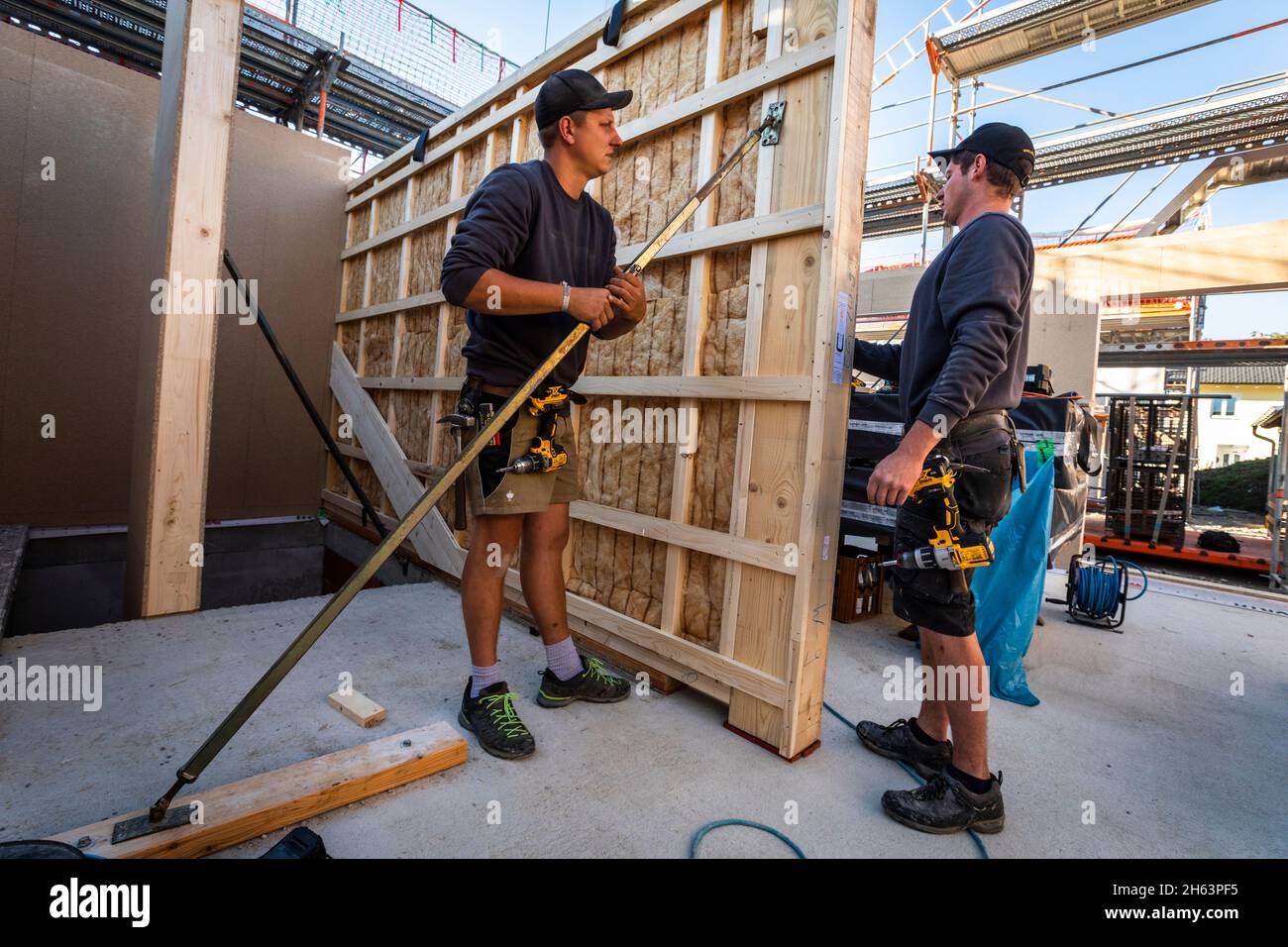 germany,bavaria,construction of a prefabricated wooden house ...