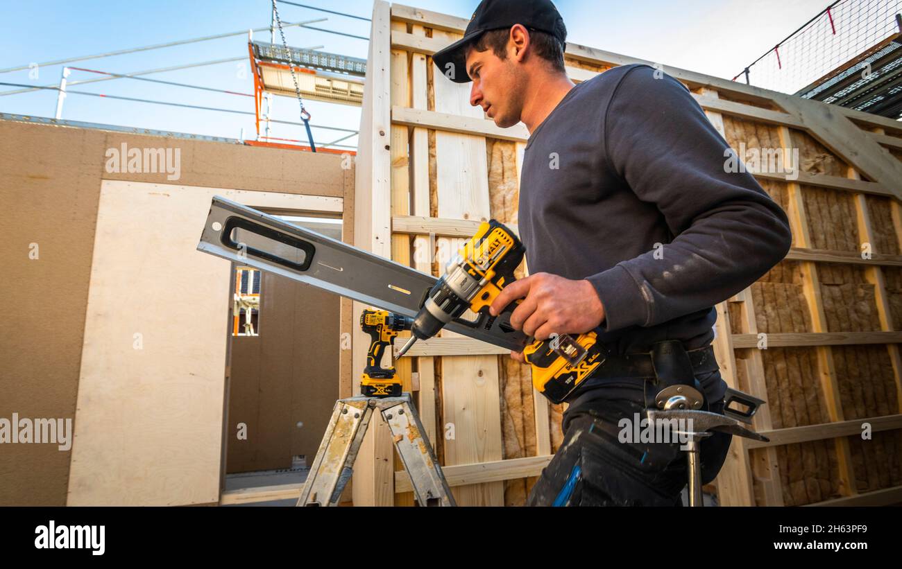 germany,bavaria,construction of a prefabricated wooden house ...
