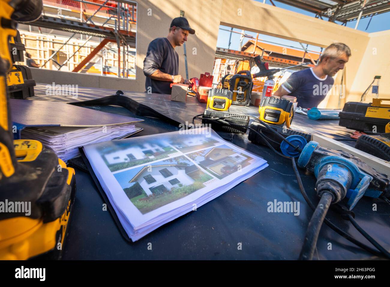 germany,bavaria,construction of a prefabricated wooden house,sample ...