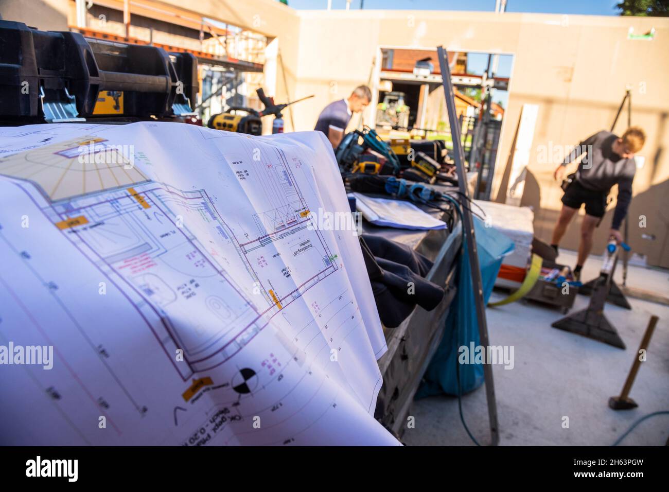 germany,bavaria,construction of a prefabricated wooden house ...