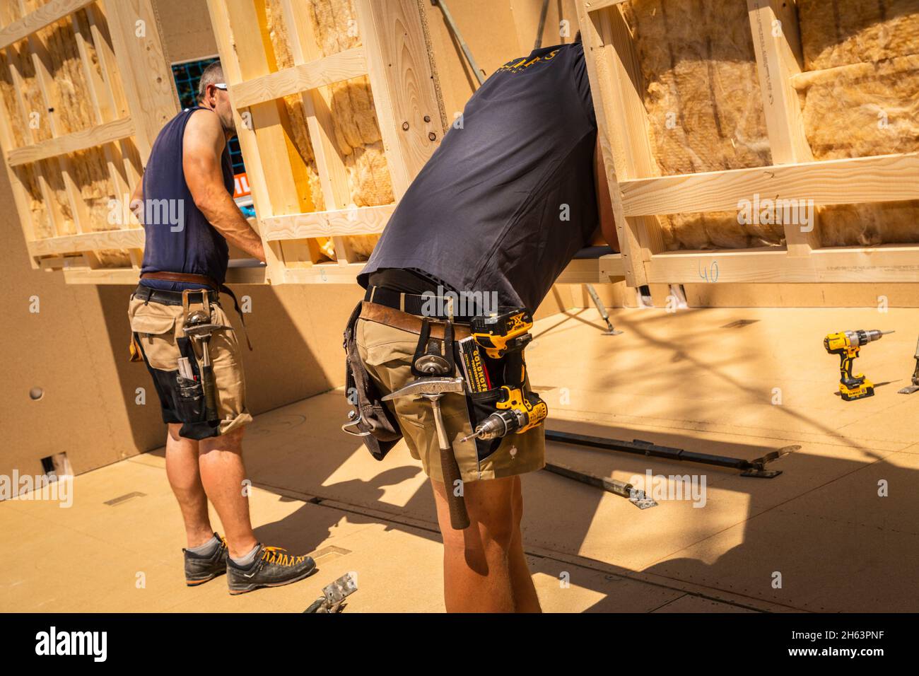 germany,bavaria,construction of a prefabricated wooden house ...