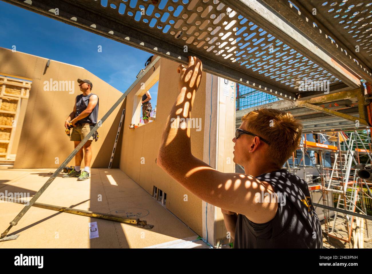 germany,bavaria,construction of a prefabricated wooden house ...