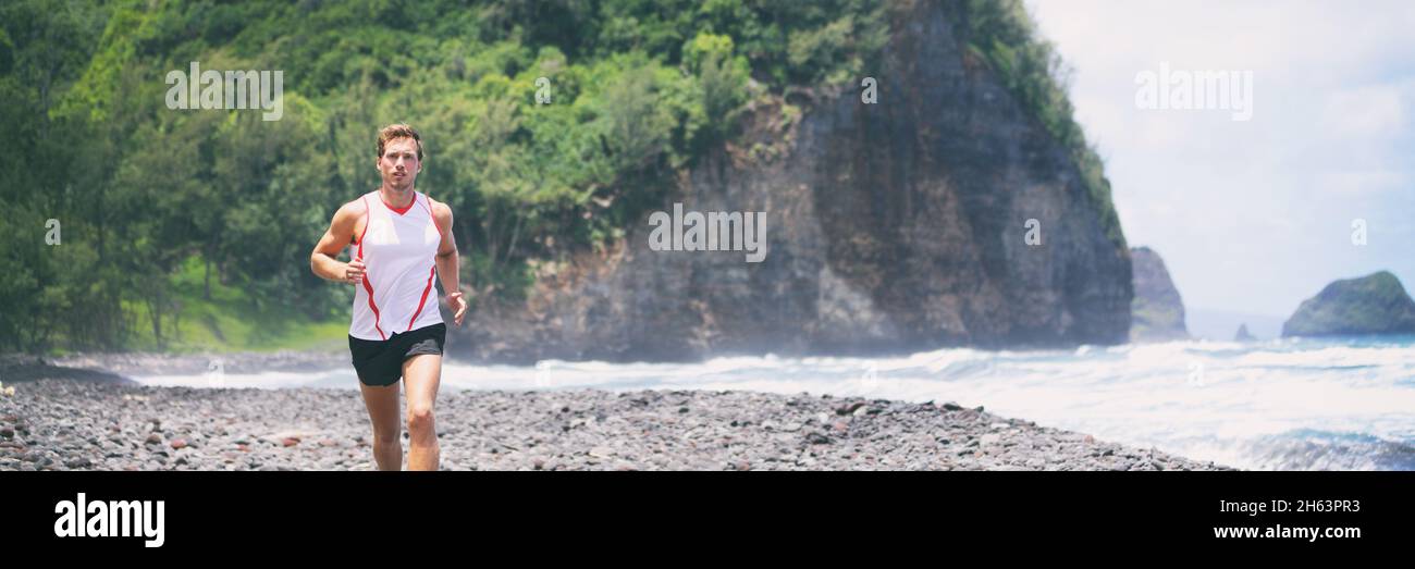 Healthy and active lifestyle fit people athlete man jogging on beach ...