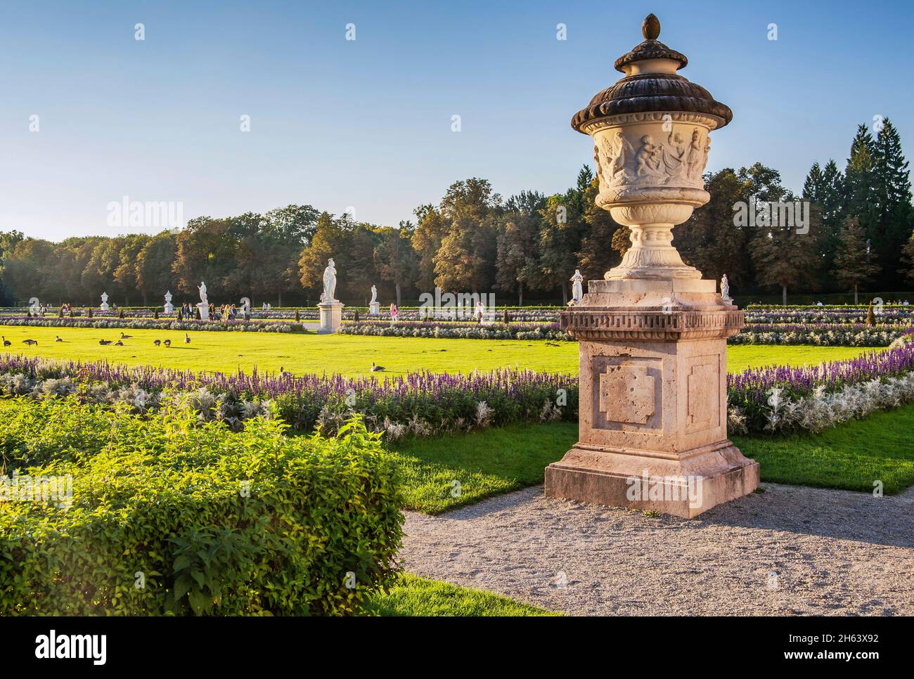 garden ground floor with amphora in the evening sun,nymphenburg palace ...