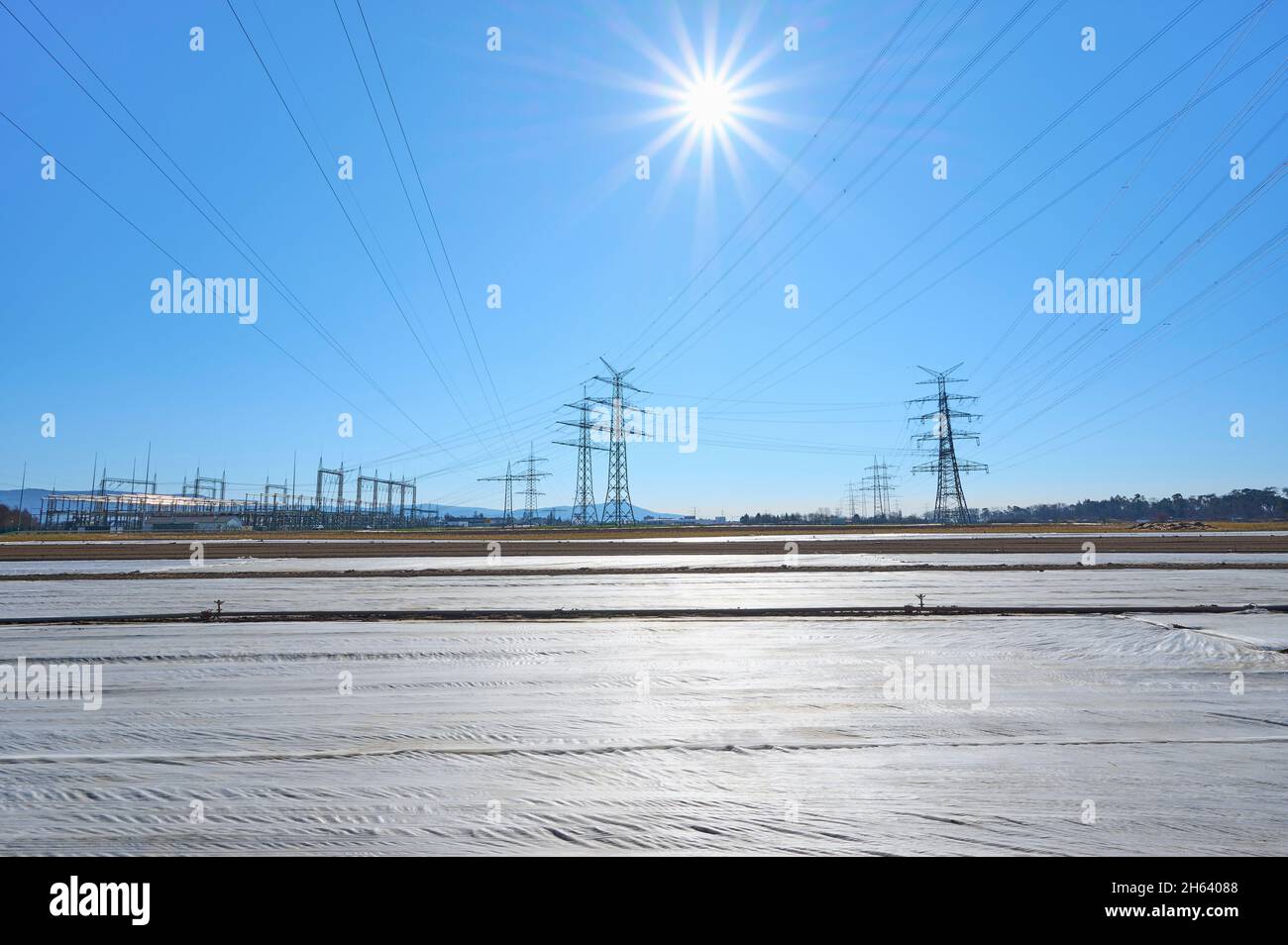 landscape,high-voltage pylons,plant film,spring,hesse,germany Stock ...