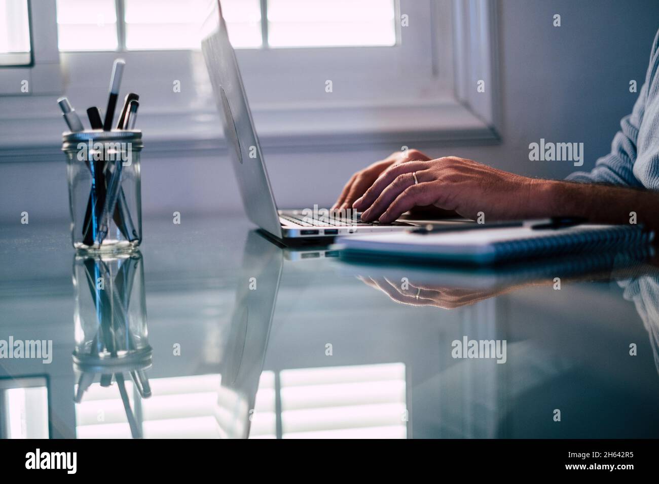 Close Up Of Caucasian Hands Man Working And Typing On Laptop Computer
