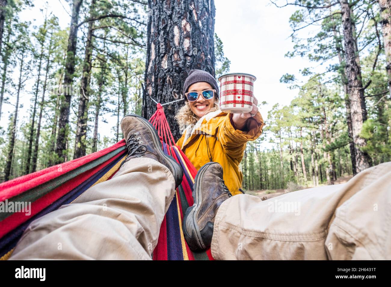 cheerful woman with cup of coffe enjoy the nature relax outdoor leisure ...